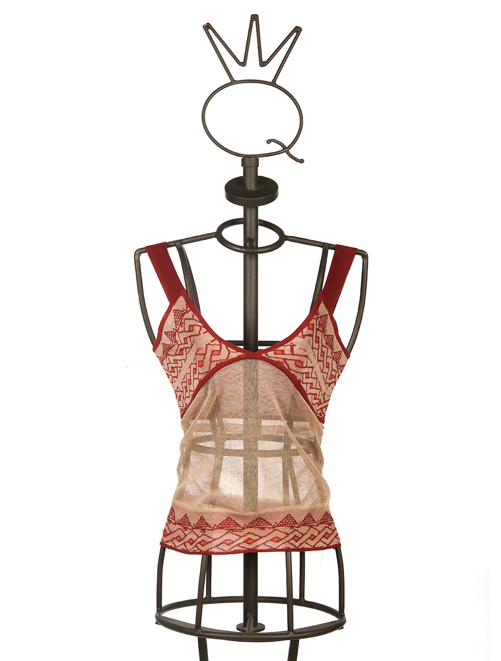 Beige knit top with burgundy geometric jacquard pattern - Save The Queen!