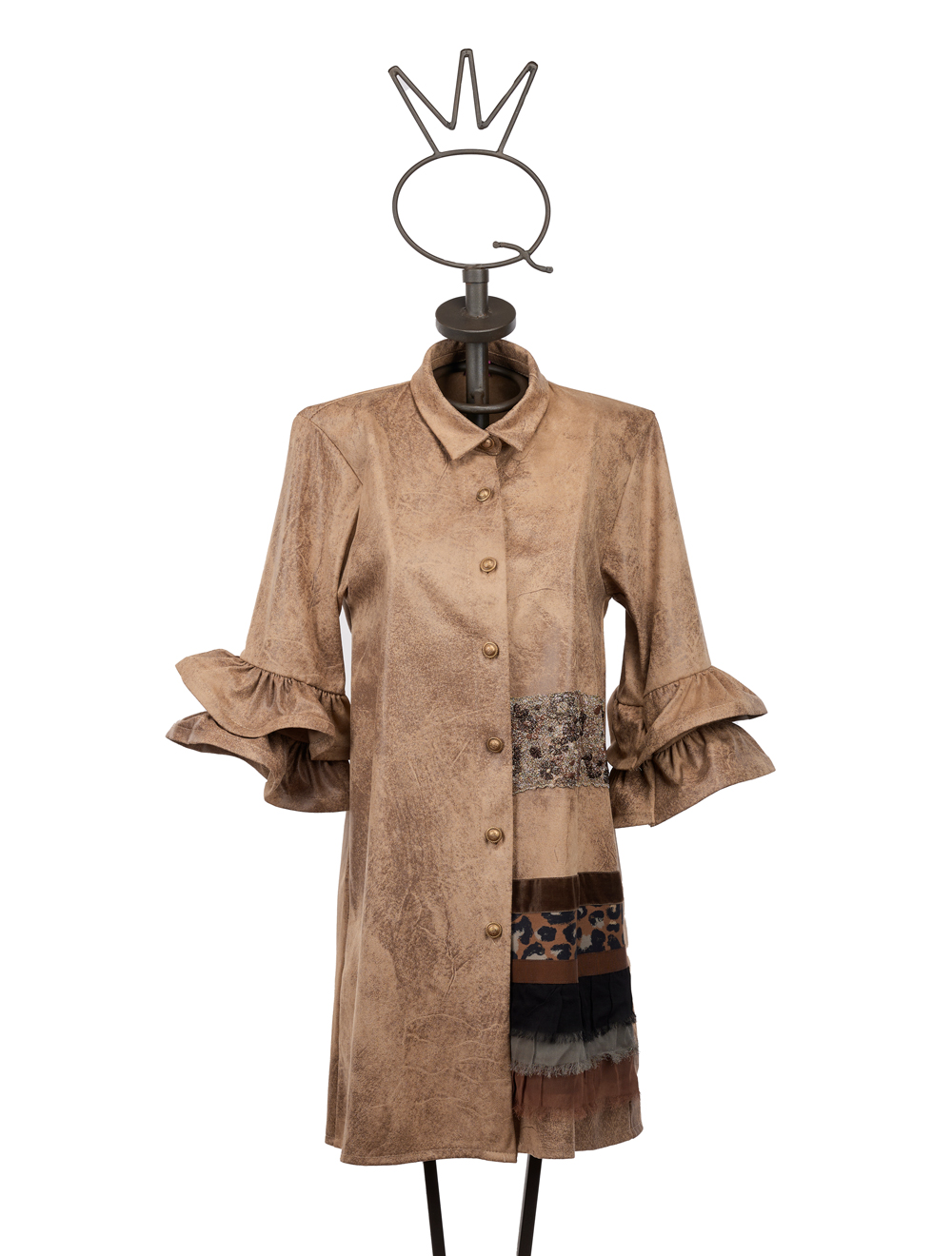 Beige faux leather duster coat with embroidery and lamé lace - Save The ...